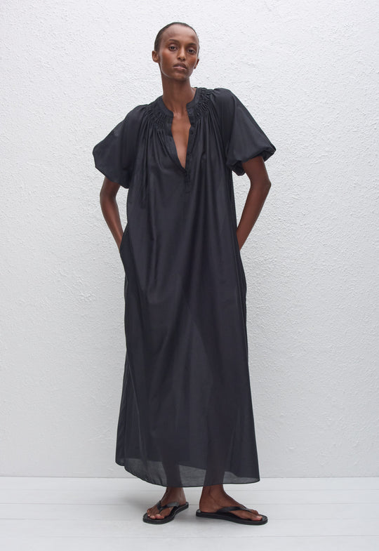 Gathered Yoke Popover Dress - Black - Matteau